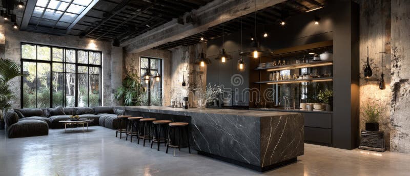 Modern Industrial Loft Interior Design with Dark Stone Bar Stock ...
