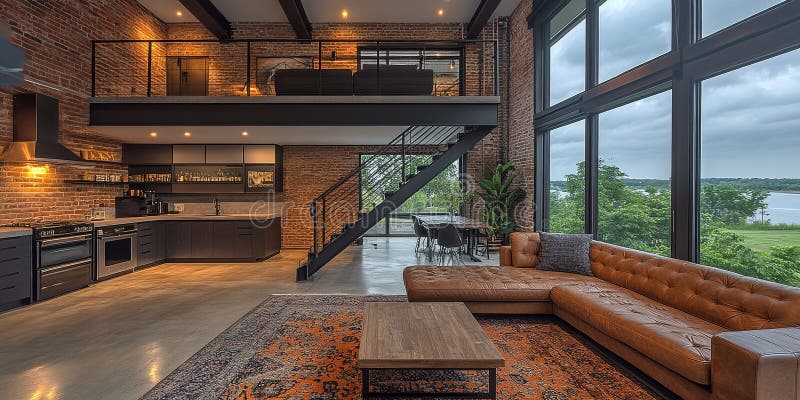 Modern Industrial Loft with Scenic River View and Cozy Interior Design ...