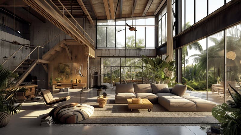 Modern Industrial Oasis Room Interior. Generative Ai Stock Illustration ...