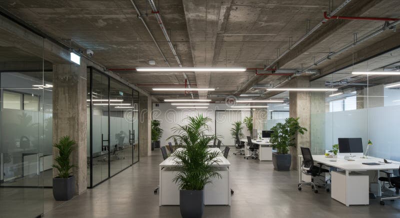 Modern Industrial Office Interior with Plants Stock Illustration ...