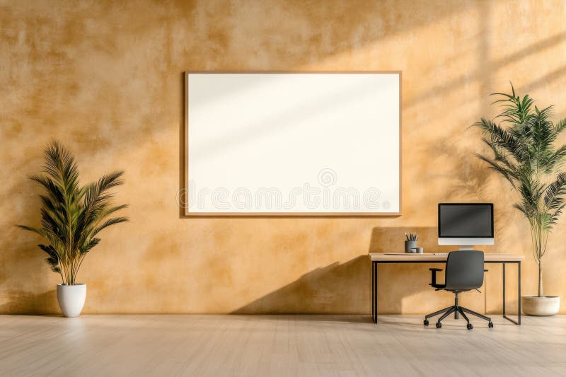 Modern Industrial Office Space with Blank Frame, Plants, and Desks with ...