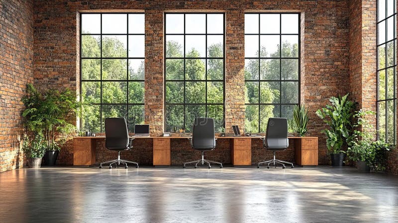 Modern Industrial Office Space with Large Windows Stock Illustration ...