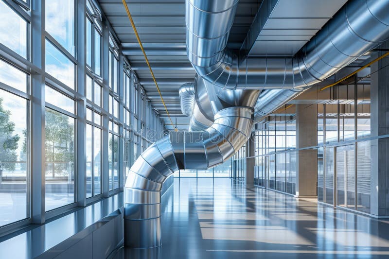 Modern Industrial Office Space with Large Windows and Complex HVAC ...