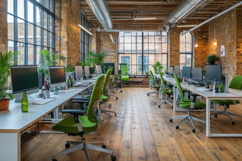 Modern Industrial Office Workspace Green Chairs Plants Stock ...