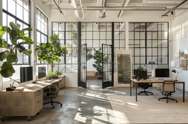 Modern Industrial Office Workspace with Natural Light and Greenery ...