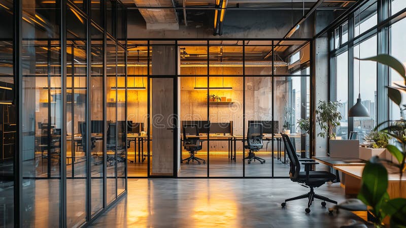 Modern Industrial Open Office Space with Glass Partitions and Warm ...