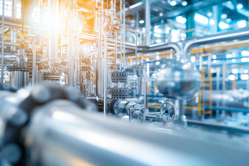 Modern Industrial Plant Interior with Complex Pipe Network and Shiny ...