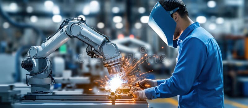 Industrial Robot Welding with Human Worker Stock Illustration ...