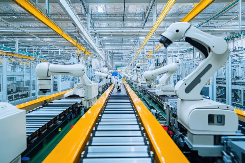 A Modern Industrial Setting with Robotic Arms on an Assembly Line for ...