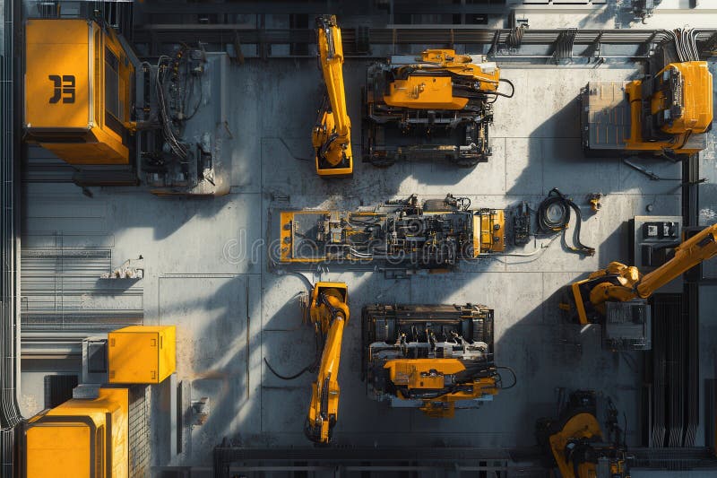 Modern Industrial Setup with Synchronized Yellow Robotic Arms and ...