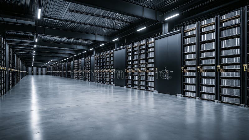 Modern Industrial Storage Facility with Rows of Shelves and Metallic ...