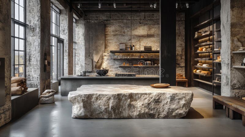 Modern Industrial Store Interior with Stone Table Stock Illustration ...