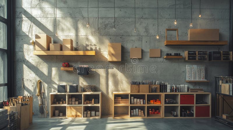 Modern Industrial-style Store with Minimalist Shelving Stock Image ...
