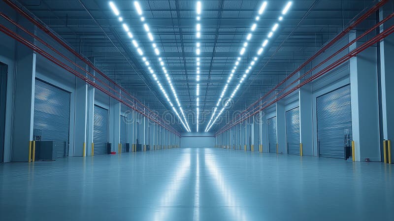 Modern Warehouse Interior with Glowing Blue Lights and Industrial Doors ...