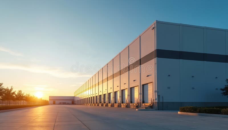 Modern Industrial Warehouse Building with Loading Docks at Sunset ...