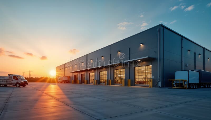 Modern Industrial Warehouse Complex at Sunset. Empty Warehouse Lot with ...