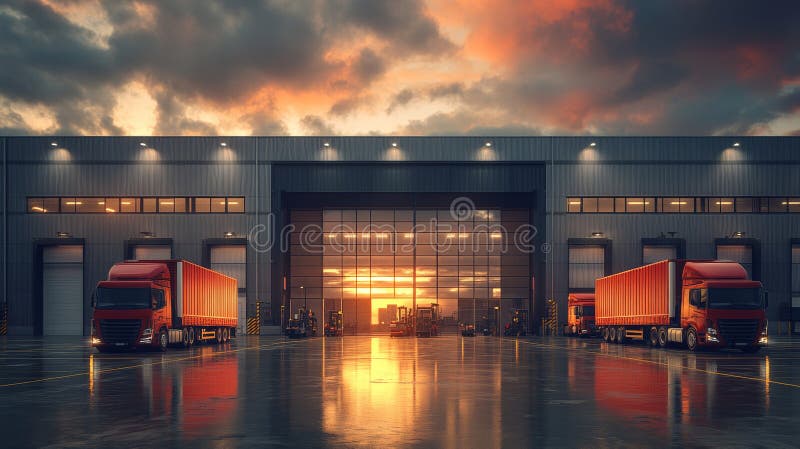 Modern Industrial Warehouse Exterior, Busy with Forklifts and Trucks ...