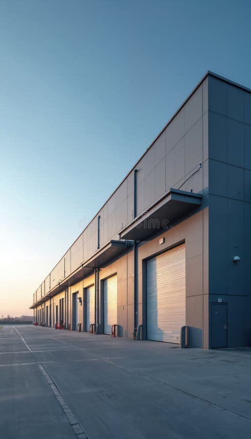 Modern Industrial Warehouse Exterior Under Clear Blue Sky. Large ...