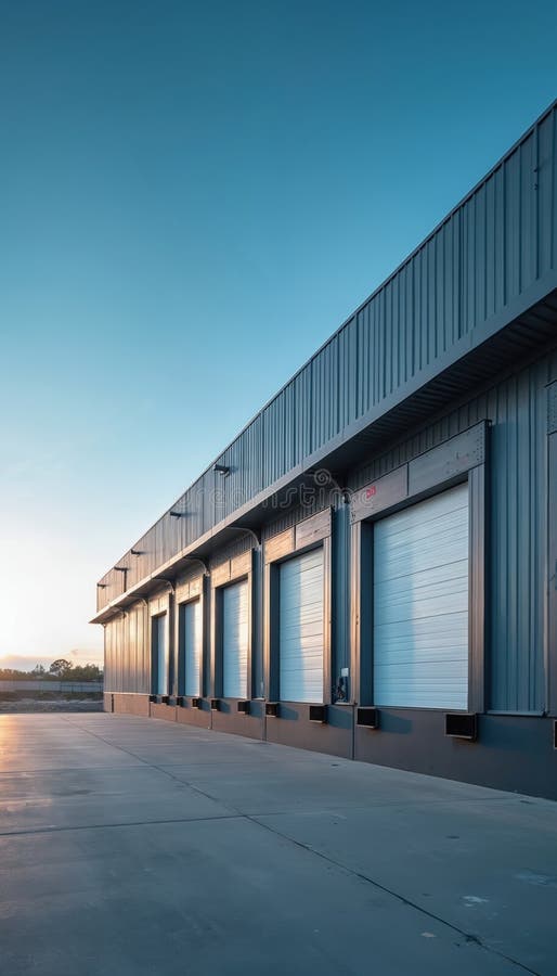 Modern Industrial Warehouse Exterior Under Clear Blue Sky. Large ...