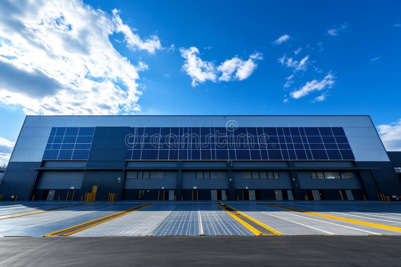 Modern Industrial Warehouse Facade Featuring Large Solar Panels Under a ...