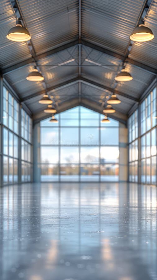 Spacious Modern Industrial Warehouse Interior with Metal Ceiling and ...