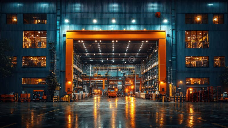 Modern Industrial Warehouse Interior with Bright Lighting at Night ...