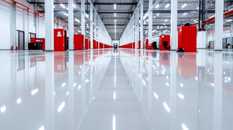 Modern Industrial Warehouse Interior with Red Storage Enclosures and ...