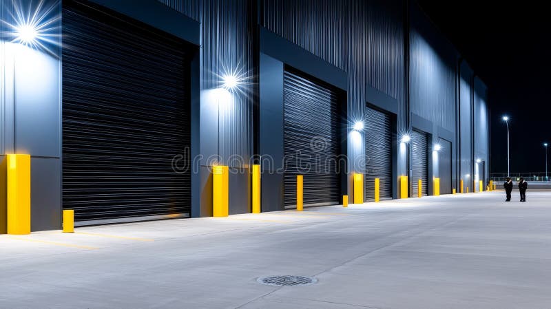 Modern Industrial Warehouse at Night with Bright Exterior Lighting and ...