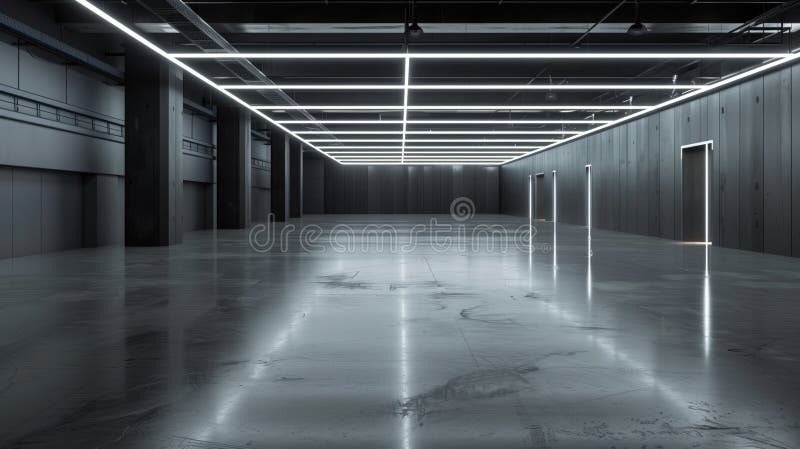 Modern Industrial Warehouse with Polished Cement Floor and Sleek LED ...