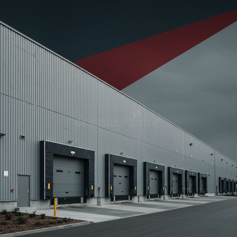 Modern Industrial Warehouse with a Row of Loading Docks Featuring Large ...