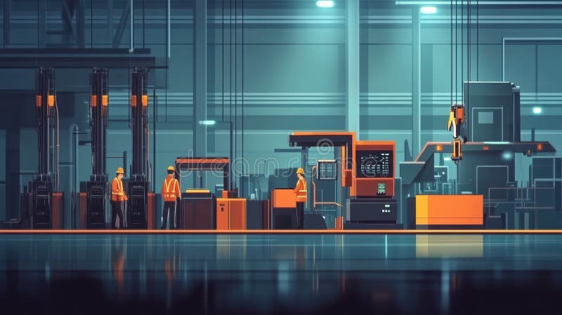 Modern Industrial Warehouse Scene with Workers and Machinery at Night ...