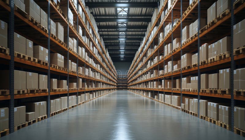 Modern Industrial Warehouse Storage Featuring Rows of Shelves Filled ...