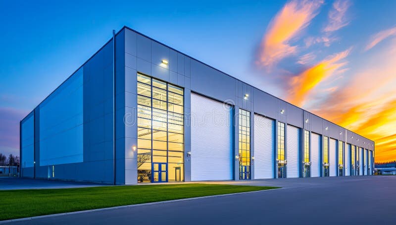 Modern Industrial Warehouse at Sunset with Illuminated Glass Windows ...
