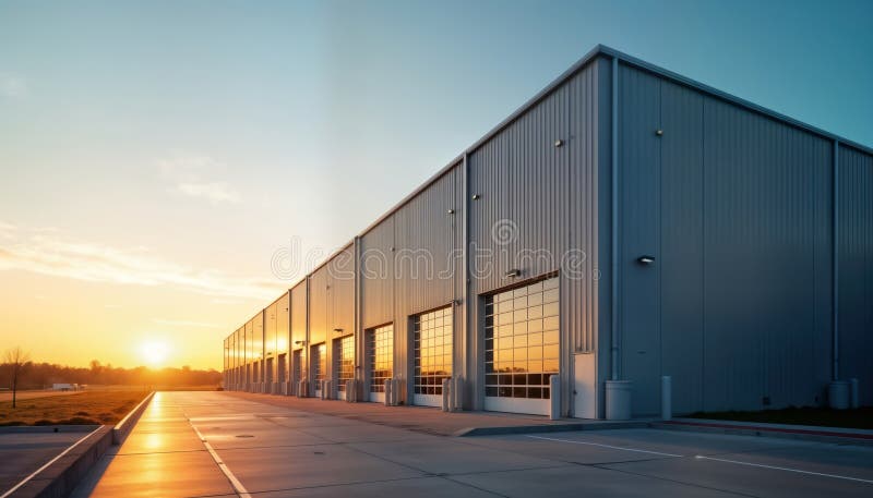 Modern Industrial Warehouse at Sunset. Large Building with Many Loading ...