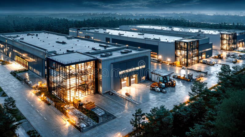 Modern Industrial Waterfront Complex at Sunset with Illuminated Windows ...