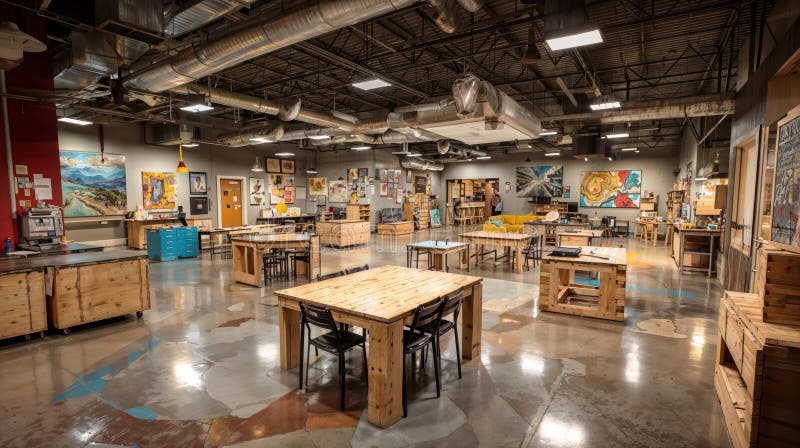 Modern Industrial Workshop with Wooden Workbenches, Exposed Ceiling ...