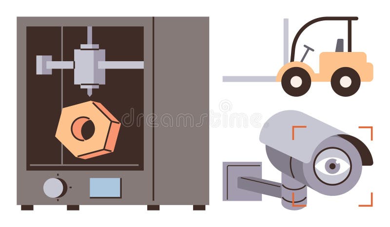 Modern Industry Objects Including 3D Printer, Surveillance Camera, and ...