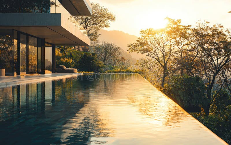Modern Infinity Pool Overlooking a Jungle Valley at Sunset Stock ...