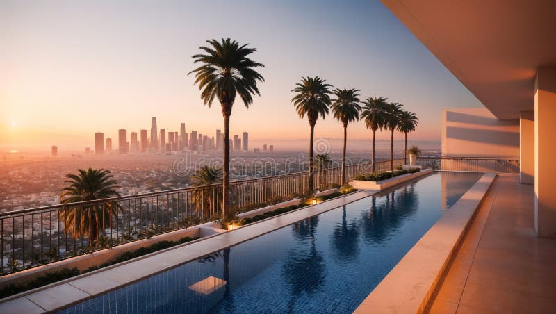 Modern Infinity Pool Overlooking Los Angeles at Sunset Stock ...
