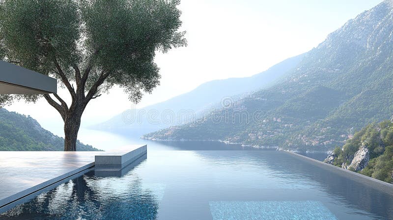 Modern Infinity Pool Overlooking Mountain and Sea Views Stock ...