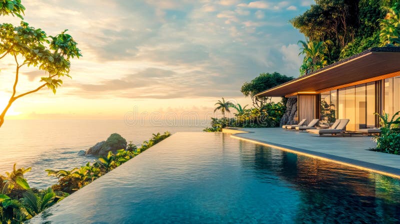 Modern Infinity Pool Overlooking Tropical Ocean at Sunset Stock Photo ...