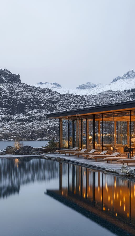 Modern Infinity Pool Reflecting Twilight Overlooking Snow Covered ...