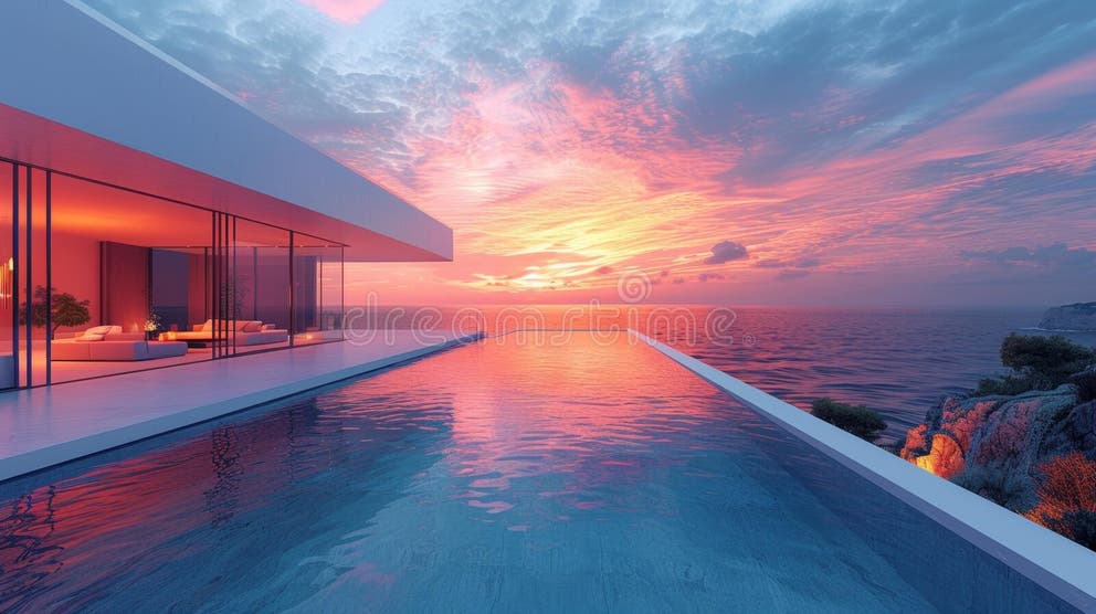 Modern Infinity Pool with Sunset View - Generative Ai Stock ...