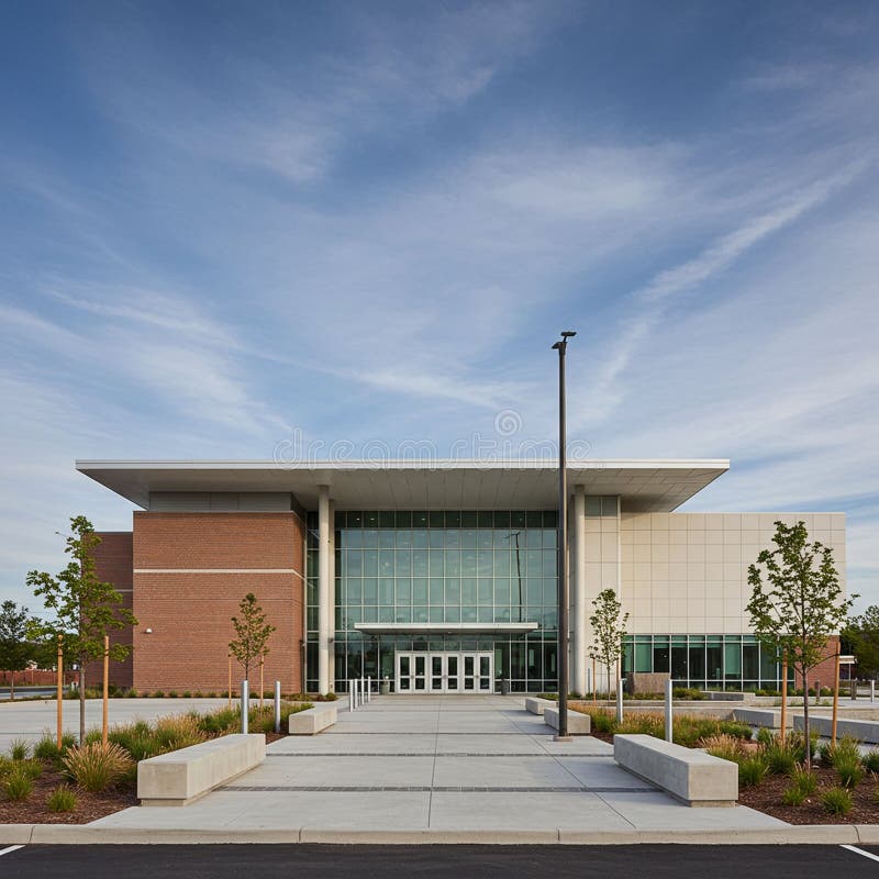 Modern Institutional Building with a Mix of Red Brick and White Panel ...