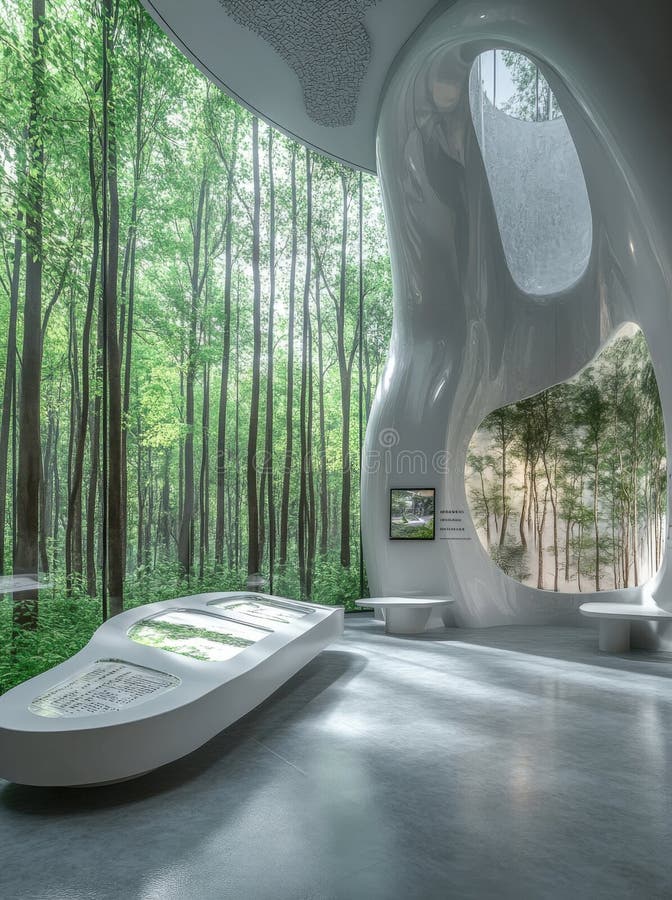 Modern Interactive Exhibition Hall Surrounded by Tranquil Green Forest ...