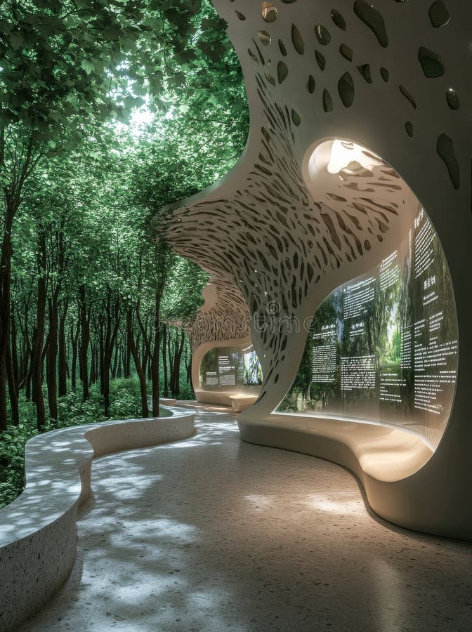 Modern Interactive Exhibition Hall Surrounded by Tranquil Green Forest ...
