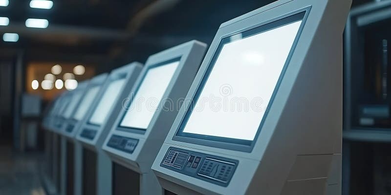 Modern Interactive Kiosks Line an Indoor Space Waiting for Use during a ...