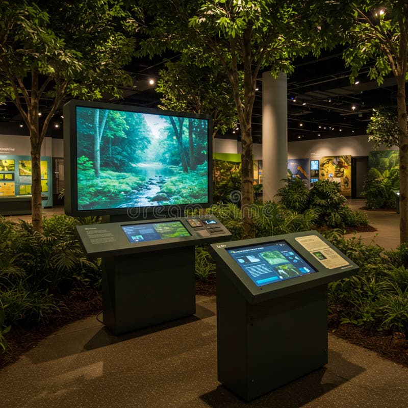 Modern Interactive Museum Exhibit Featuring Large Digital Screens ...