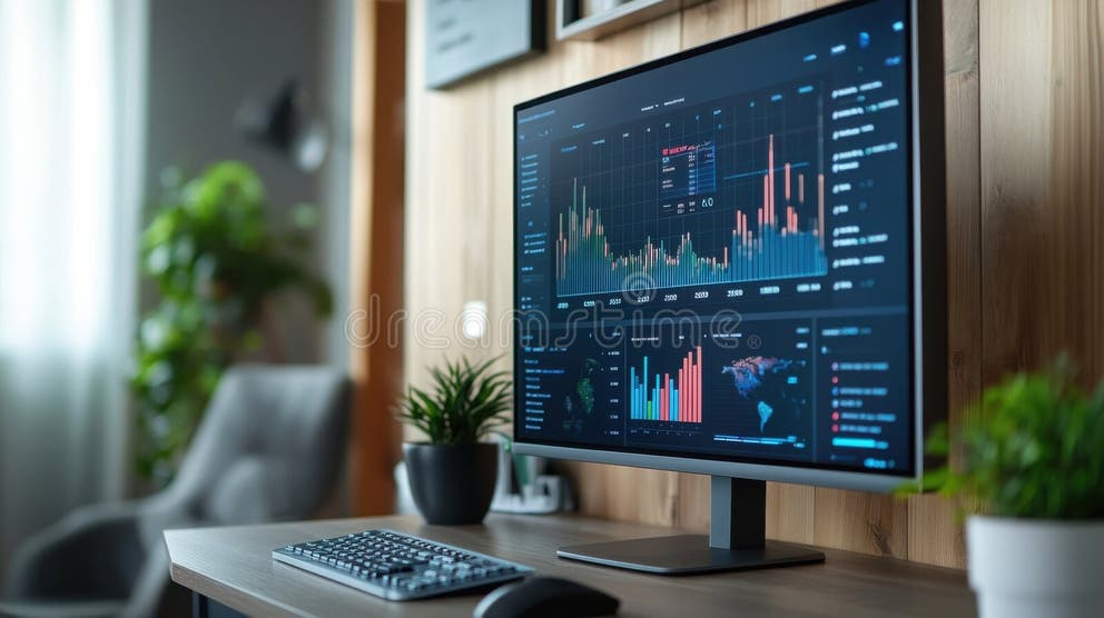 Modern Interactive Workspace with Touchscreen Display and Plants Stock ...