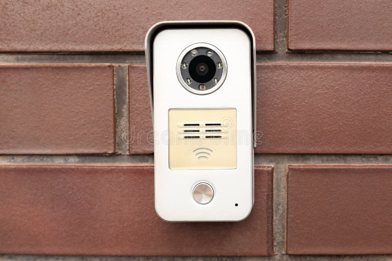 Modern Intercom with Camera on Red Brick Wall Stock Photo - Image of ...